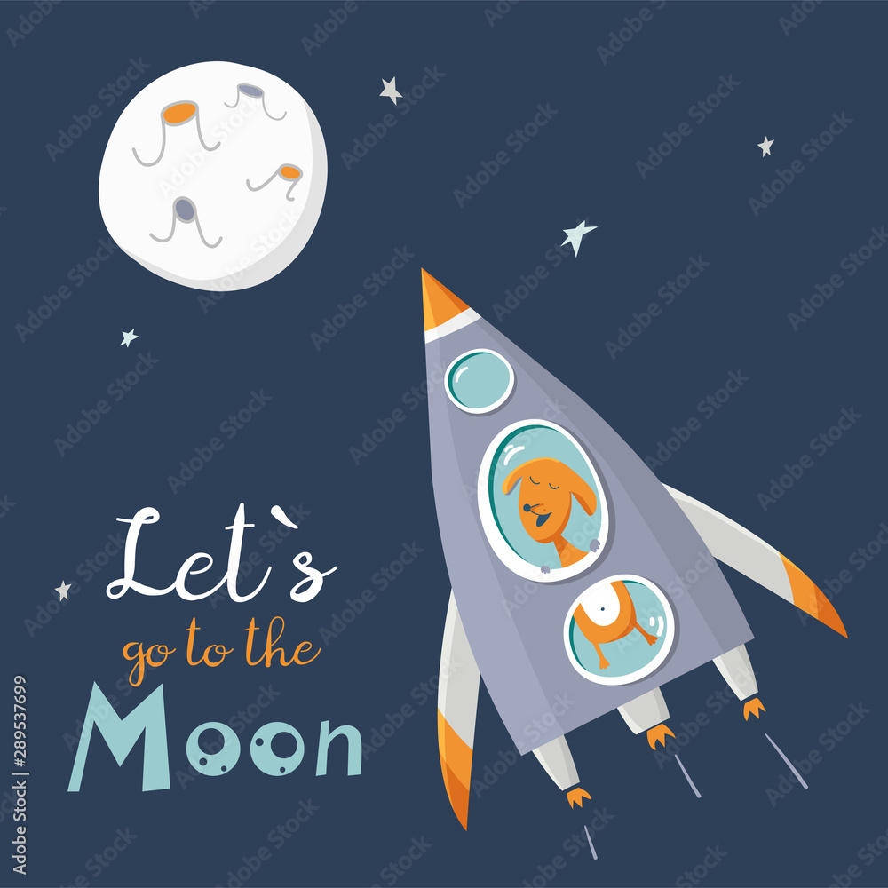 Cute dog flying in a rocket cartoon handdrawn vector illustration ...