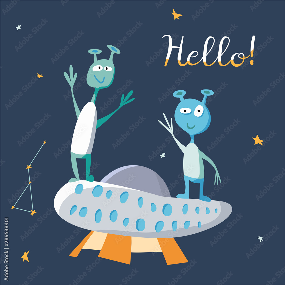 Vector illustration of cute aliens standing on UFO saying HELLO in ...