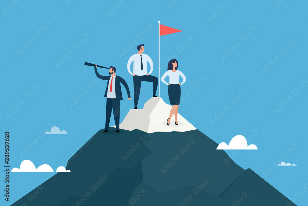 Business team standing on mountain peak with winner flag. Success team ...