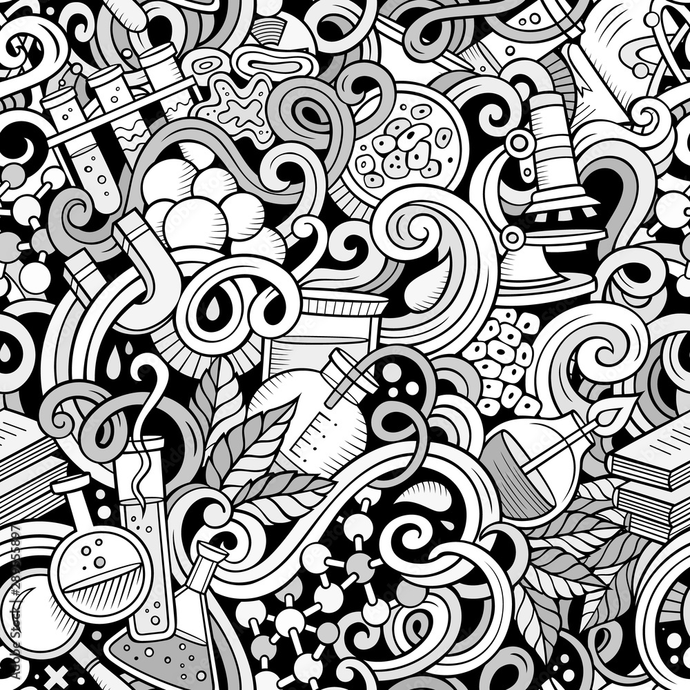 Cartoon hand-drawn science doodles seamless pattern Stock Illustration ...