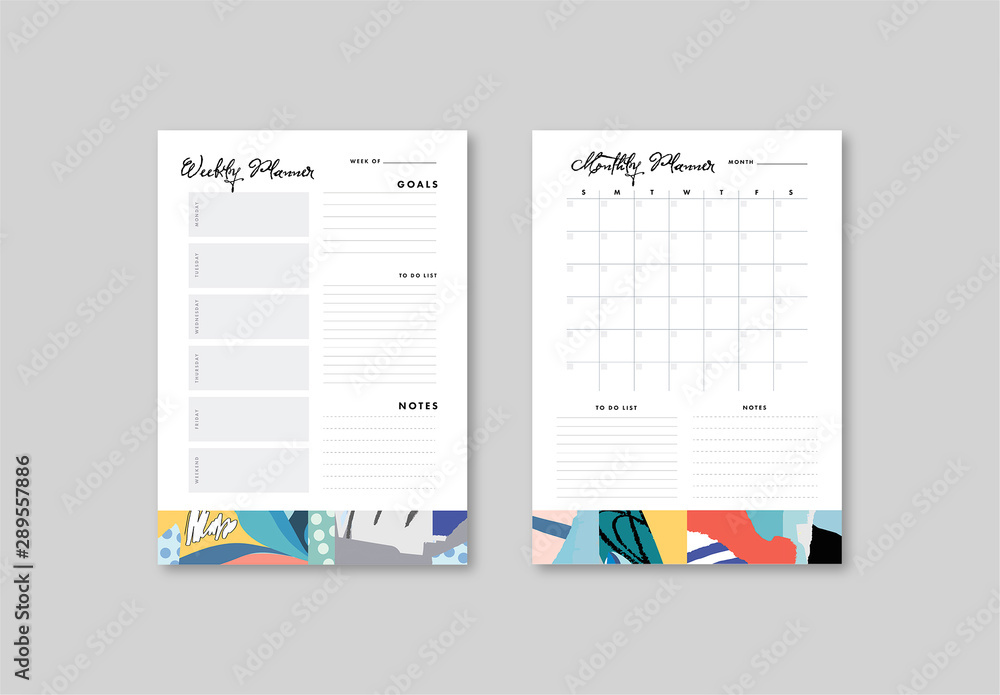 Weekly and Monthly Planner Layout with Illustrative Elements Stock ...