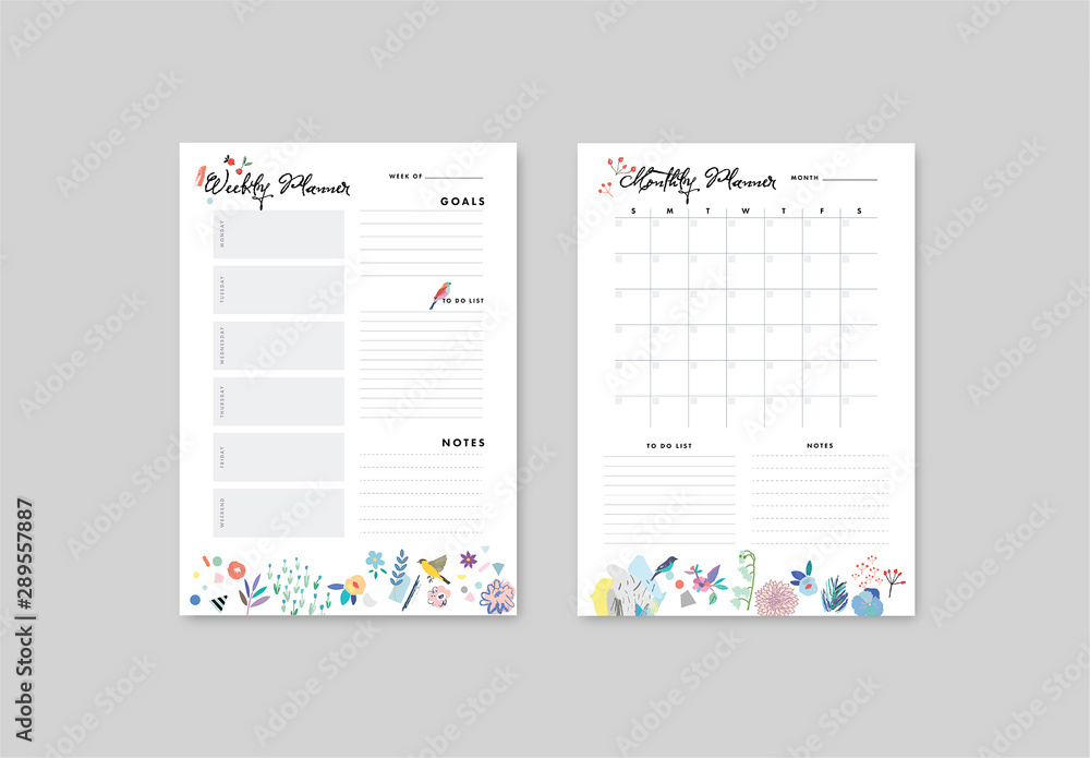 Weekly and Monthly Planner Layout with Illustrative Elements Stock ...