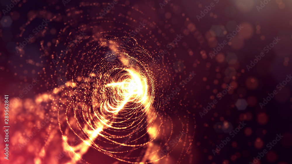 3d rendering background of glowing particles that form curved lines and ...