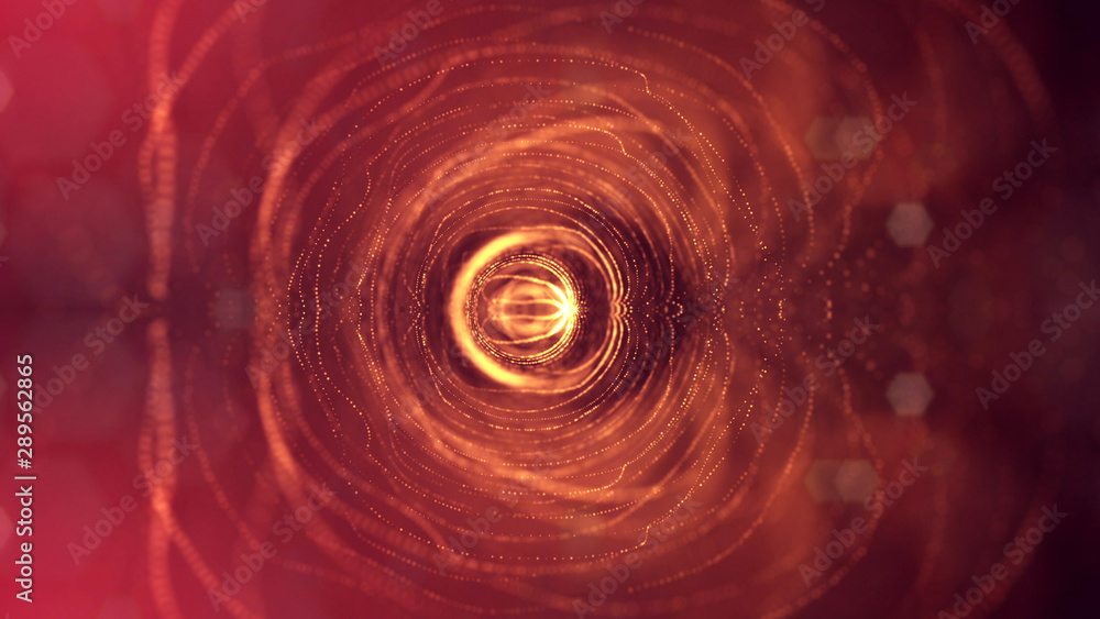 3d rendering background of glowing particles that form curved lines and ...