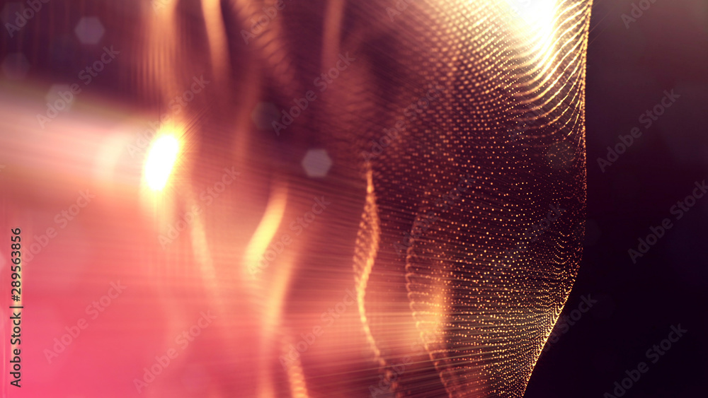 3d rendering background of glowing particles that form curved lines and ...