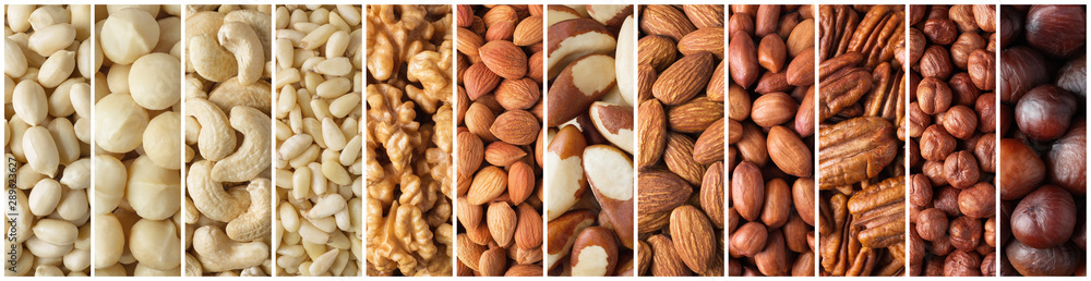 collage of peeled nuts and seeds, top view. various healthy food ...