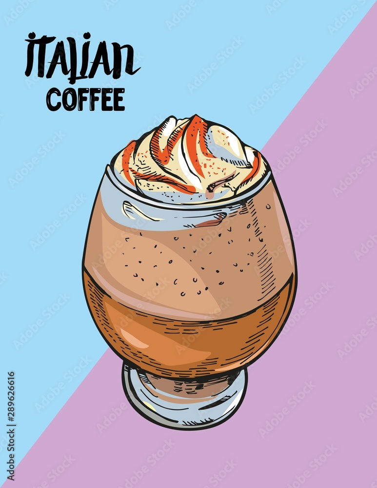 A glass of italian coffee with foam in vintage style. Hand drawn ...