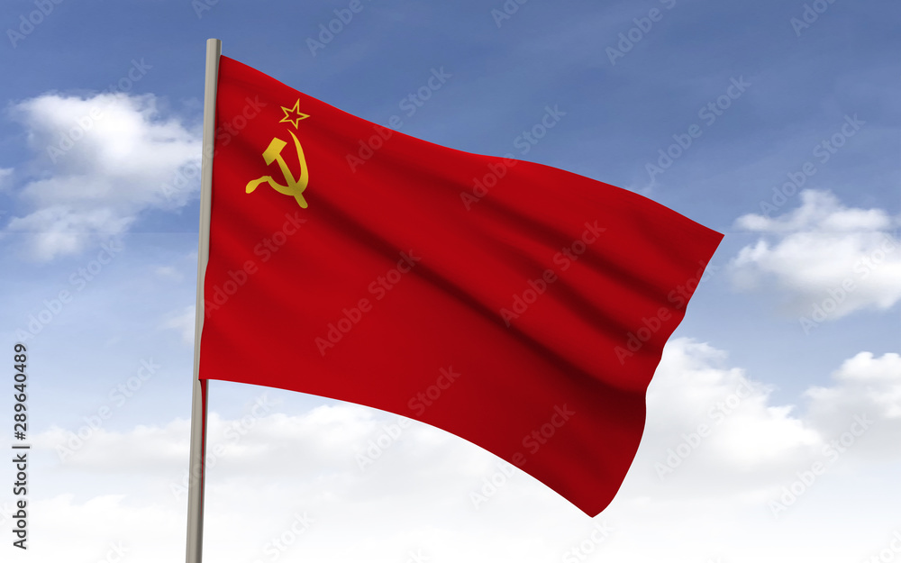 USSR flag on a sky background, 3d render. Flag of the Soviet Union ...