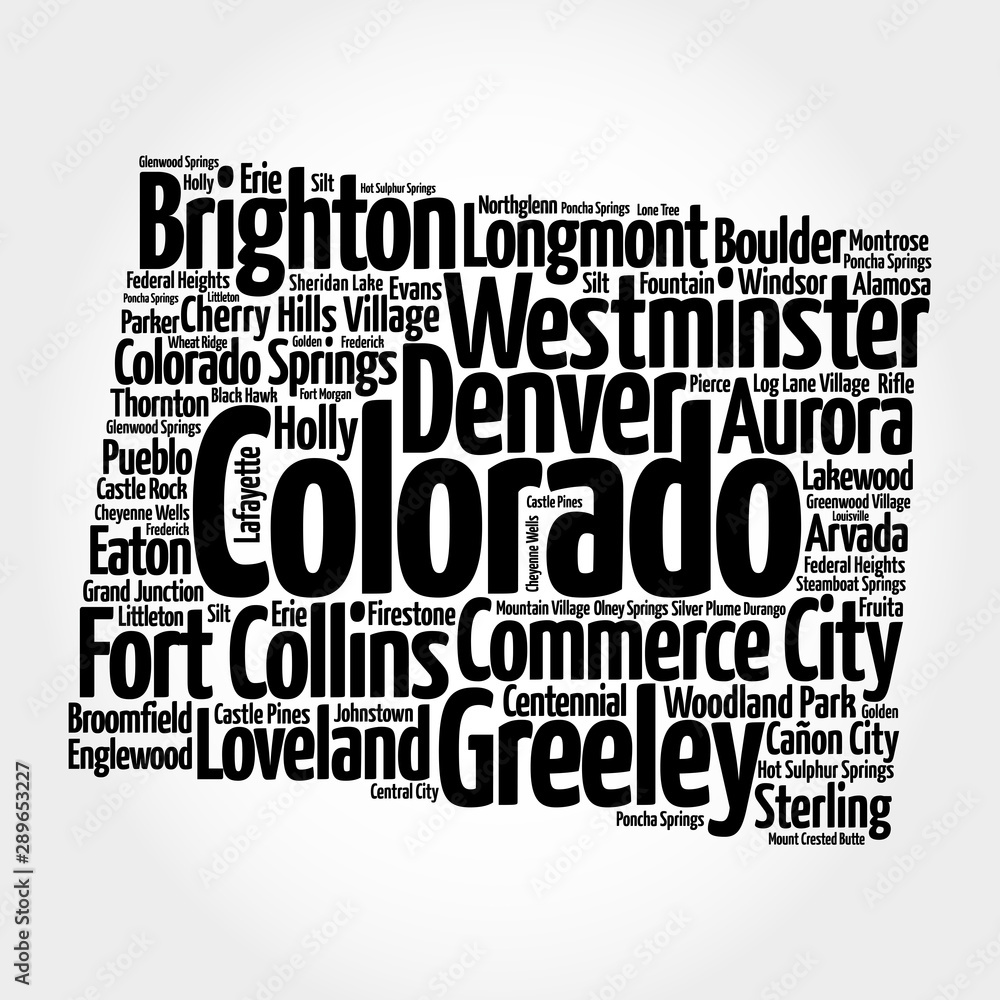 List of cities in Colorado USA state, map silhouette word cloud map ...