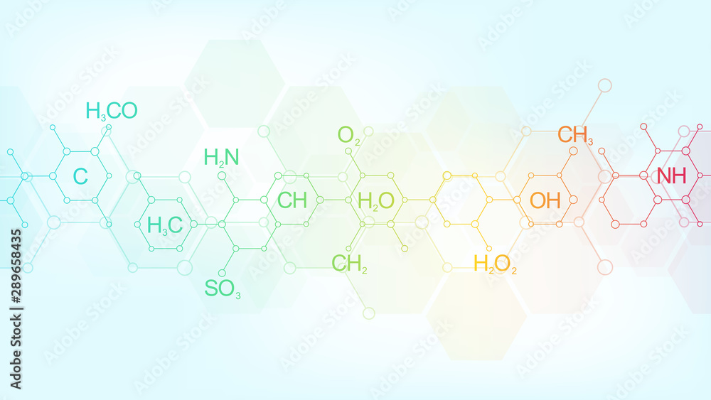 Abstract chemistry pattern on soft blue background with chemical ...