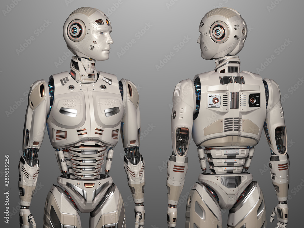 two futuristic robots or very detailed humanoids standing near each other and looking leftwards ...