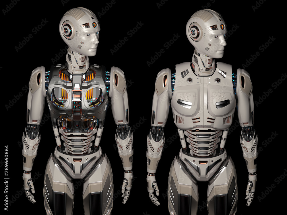 two futuristic robots or very detailed humanoids standing near each other and looking leftwards ...