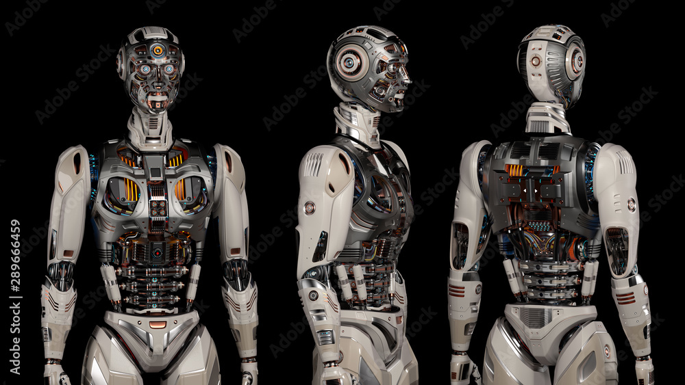 Futuristic robot man or very detailed humanoid. Set or collage of three ...