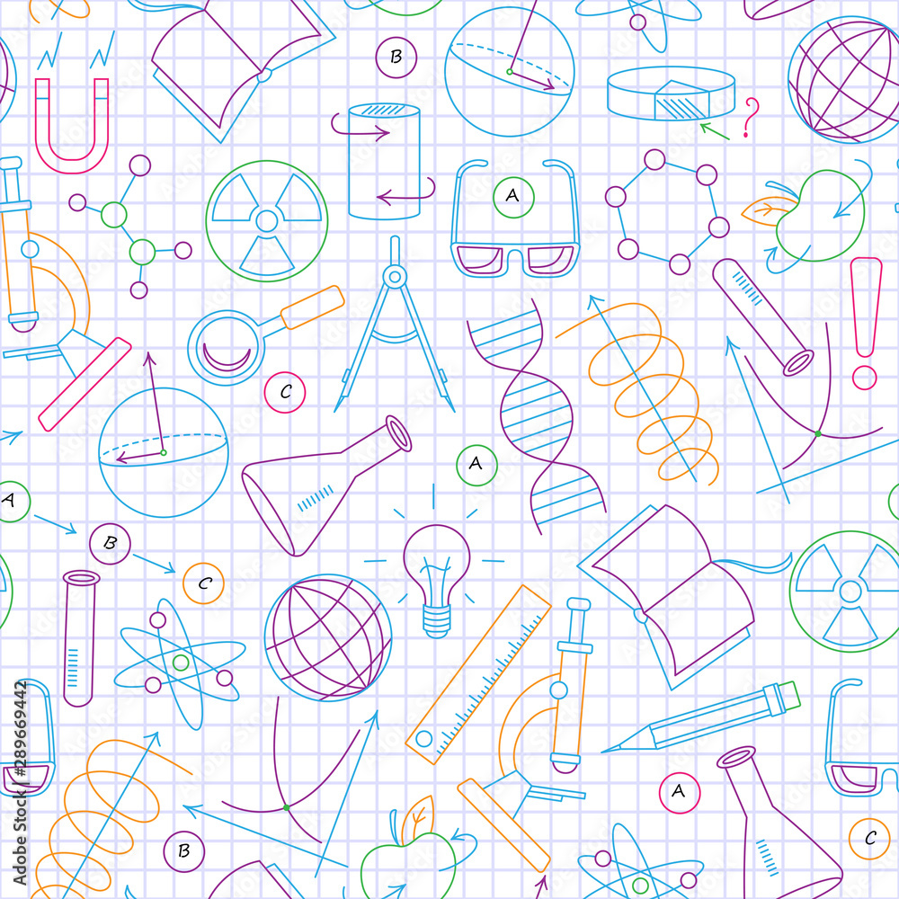 Seamless pattern on the theme of science and inventions, diagrams ...