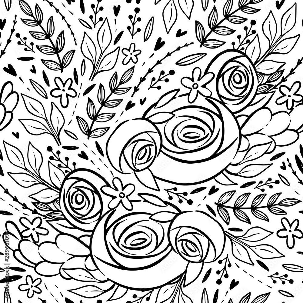 Coloring page with abstract flowers. Pattern with roses and leaves ...