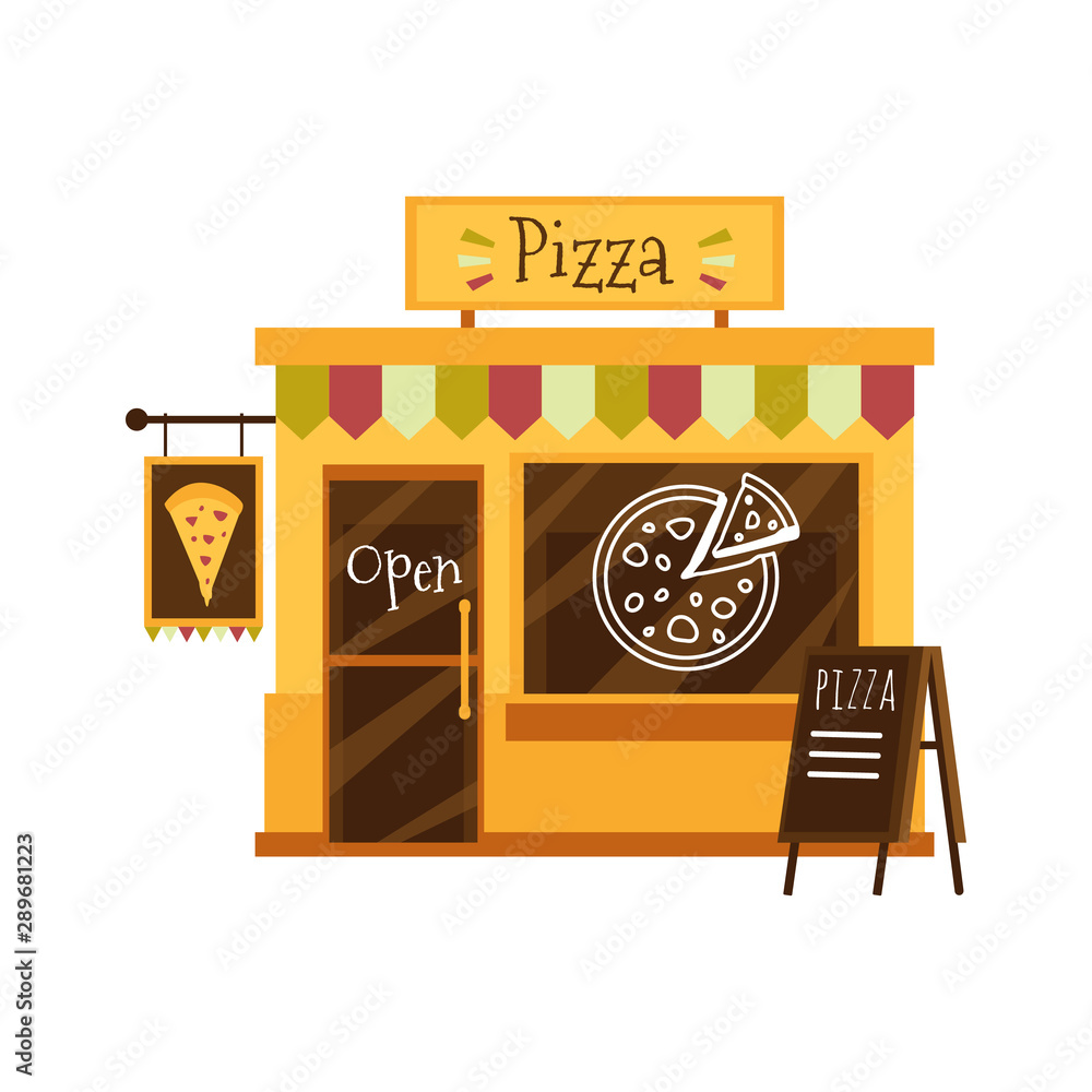 Pizza shop building or pizzeria facade flat cartoon vector illustration ...