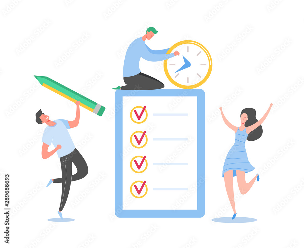 Business People Working Together with Checklist. Tiny Characters ...
