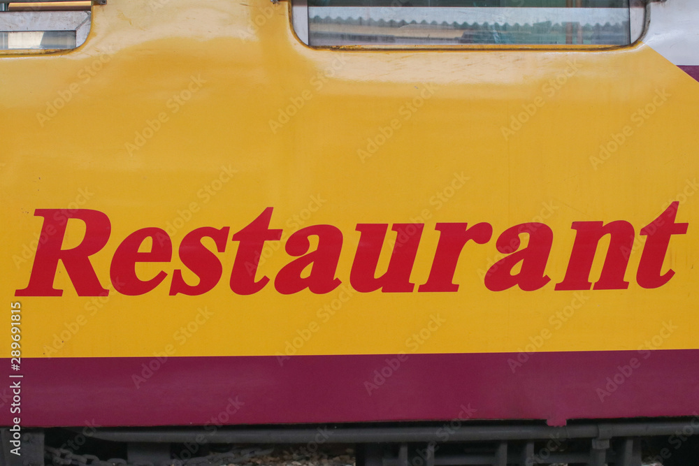 Retro Vintage dining on the train with the inscription he exterior and ...