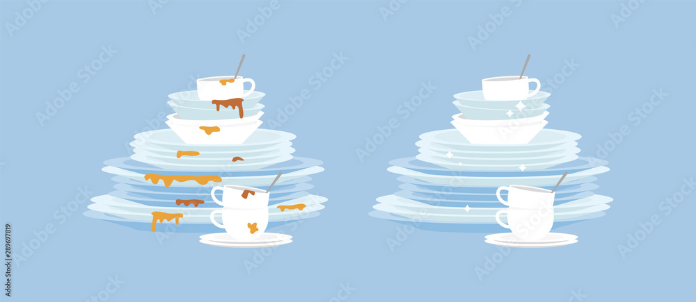 Dirty and clean dishes plates flat cartoon vector illustration isolated ...