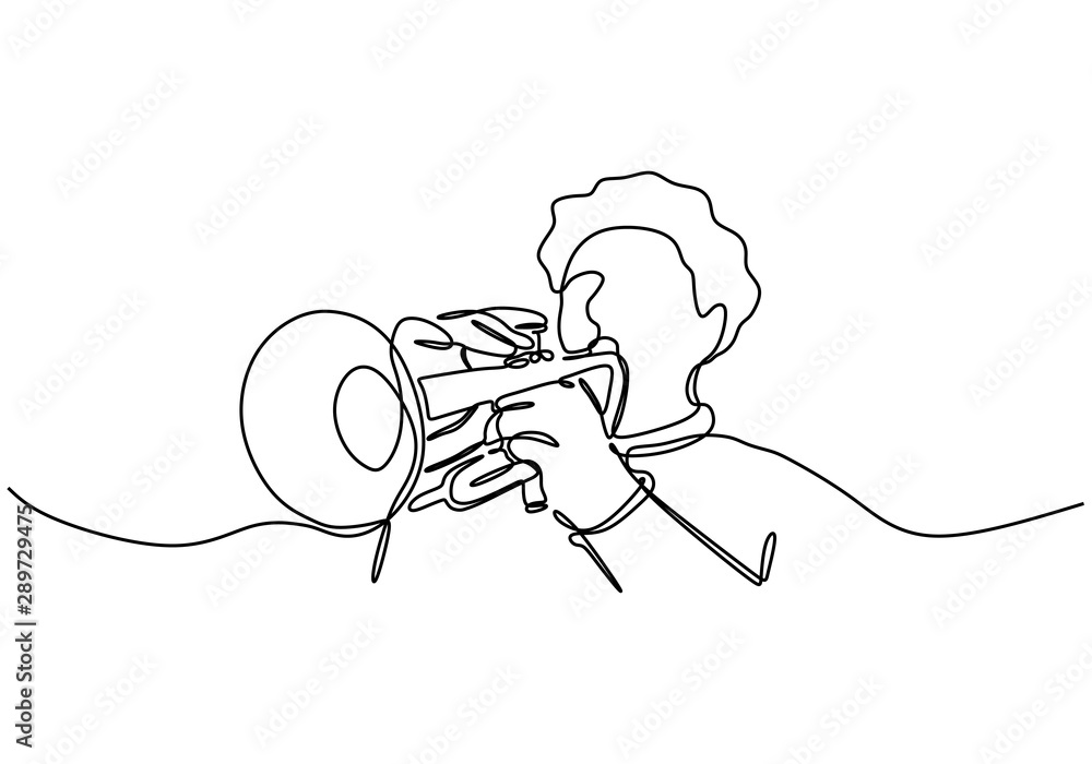 Continuous line drawing of person playing cornet. A brass instrument ...