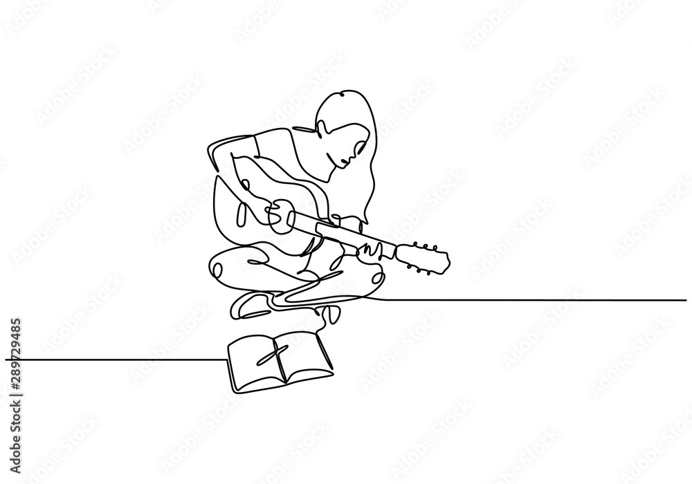 Girl with a guitar. single line drawing. Continuous one lineart of ...