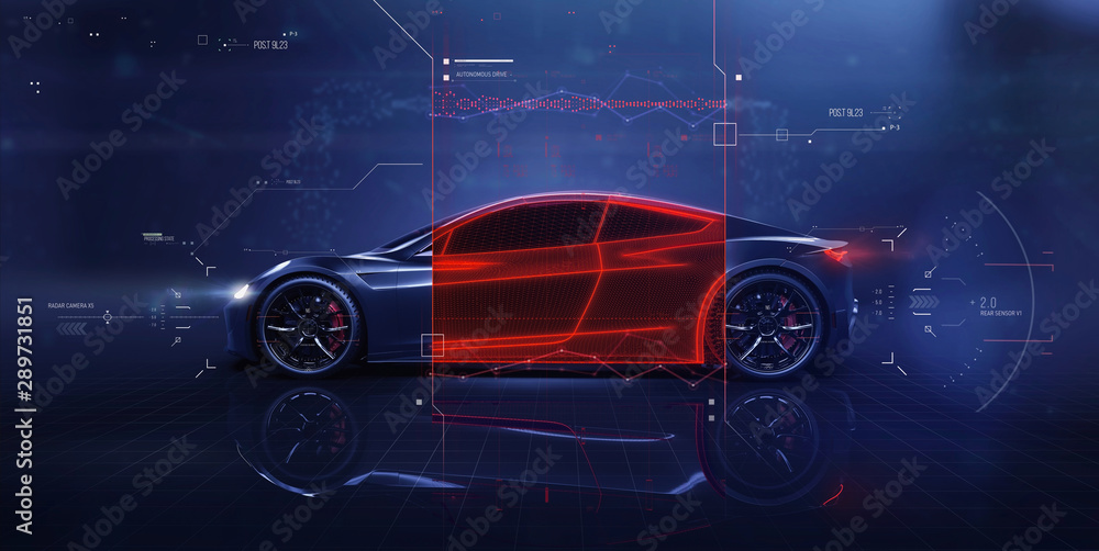 Futuristic car technology concept scene with user interface showing ...
