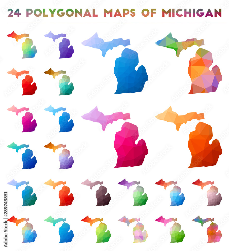 Set of vector polygonal maps of Michigan. Bright gradient map of us ...