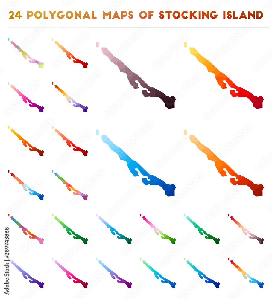 Set of vector polygonal maps of Stocking Island. Bright gradient map of ...