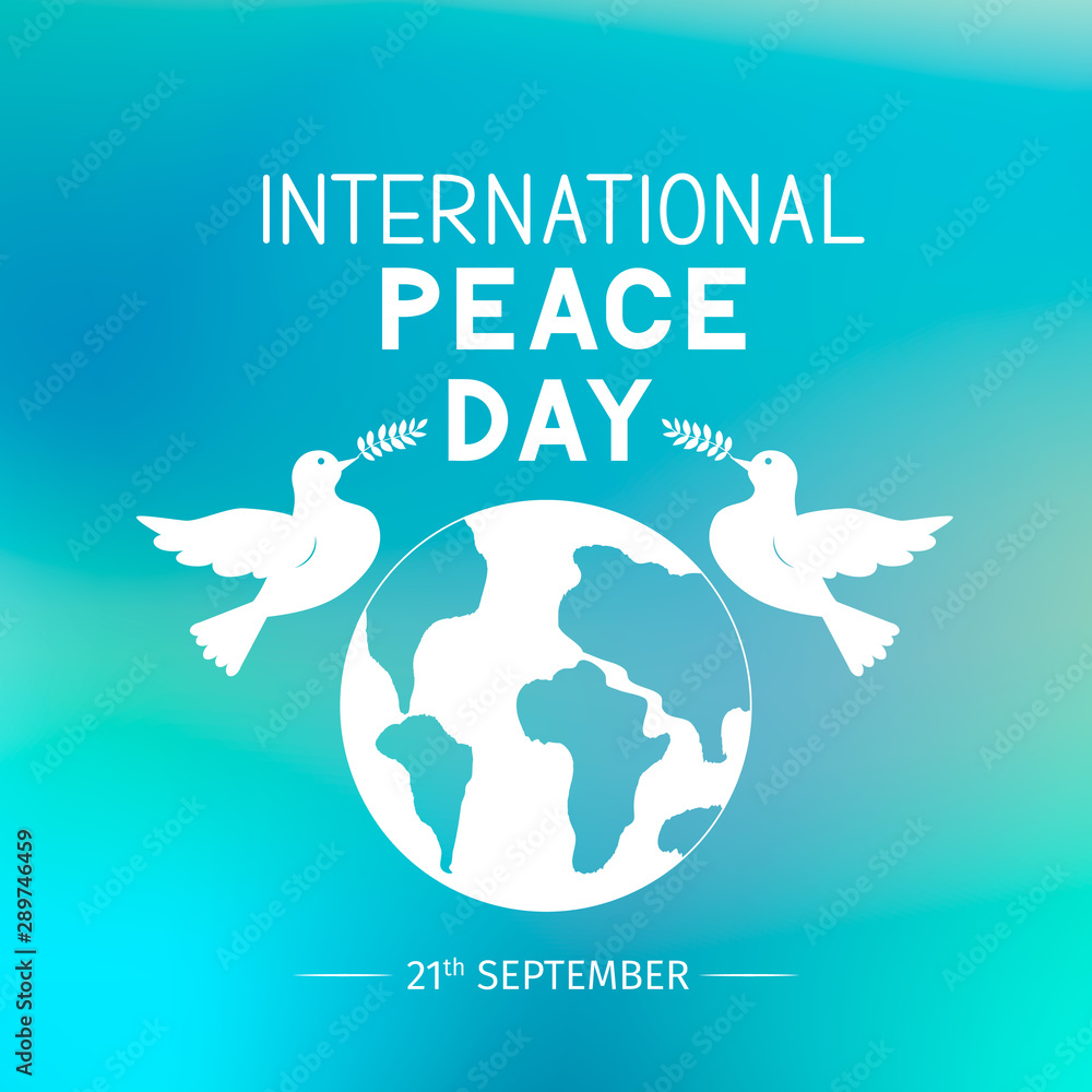 International Peace Day lettering with flying doves holding olive ...