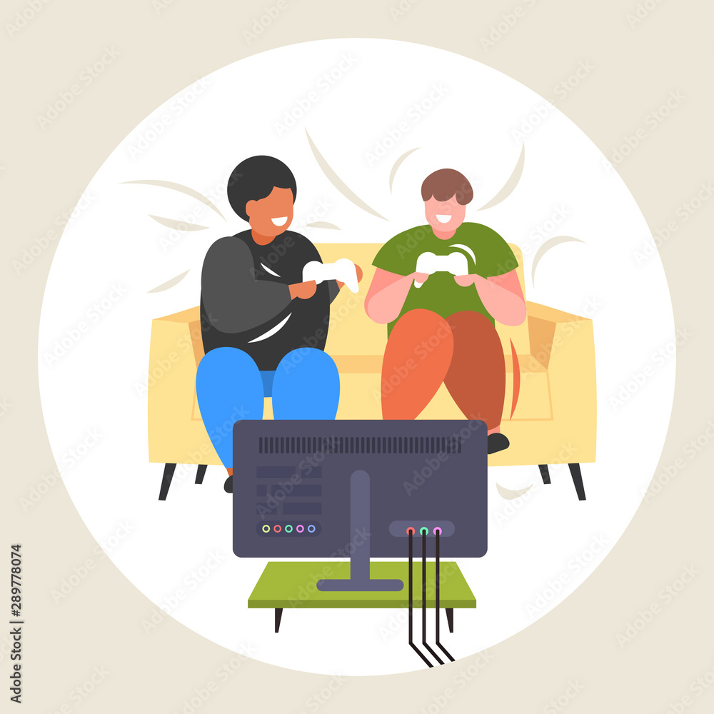 fat obese men sitting on couch using joystick game pad overweight mix ...