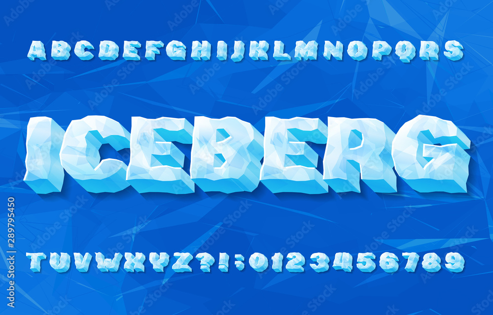 Iceberg alphabet font. 3D ice letters and numbers with shadow. Abstract ...