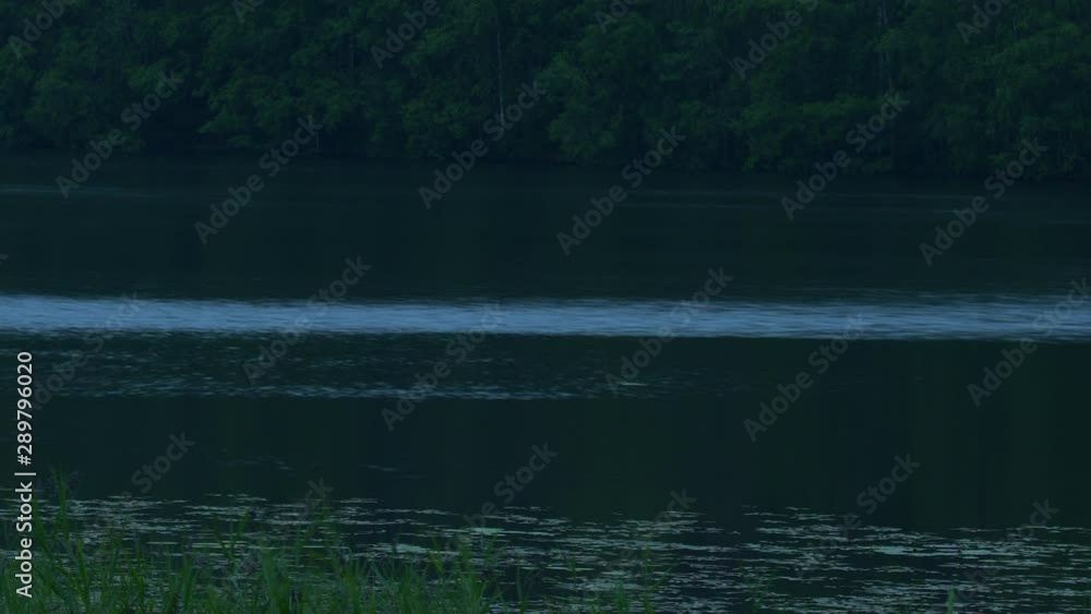 Timelapse of rainy and windy lake surface by night. Fast moving aquatic ...