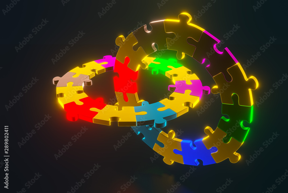 Four human 3d figures are holding pieces of a puzzle in their hands ...