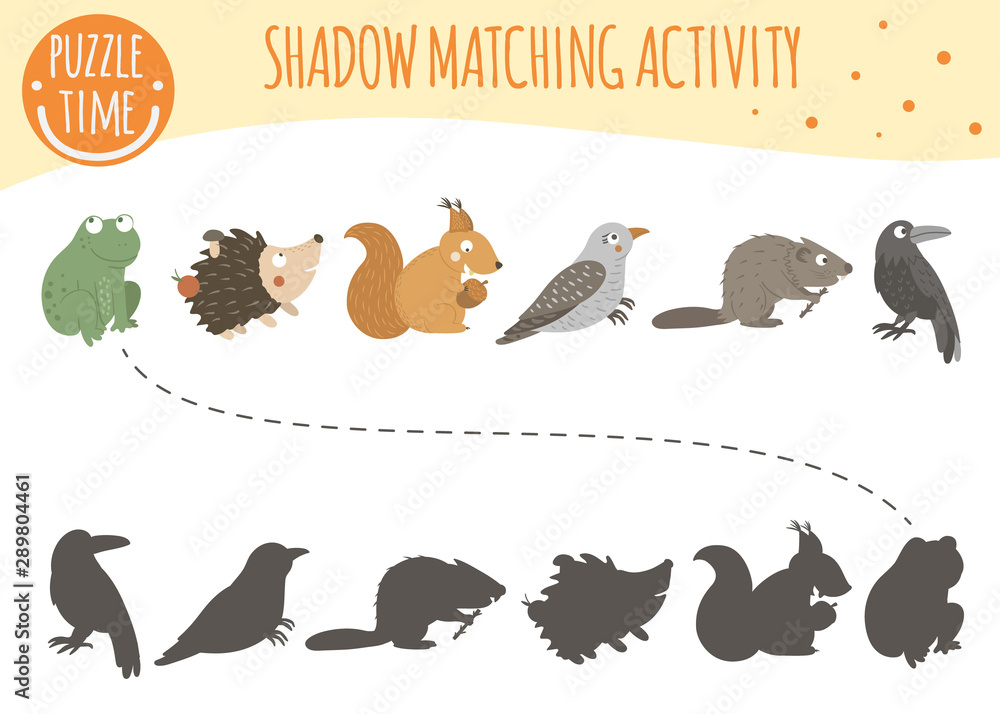 Shadow matching activity for children with woodland animals. Cute funny ...