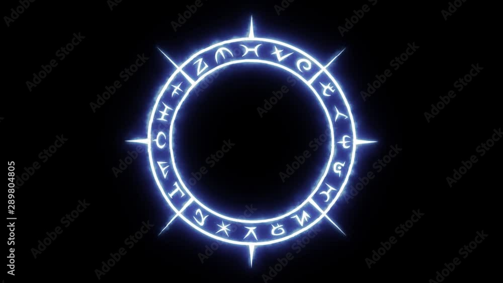 White occult circle with mystical symbols with burning blue glow in ...
