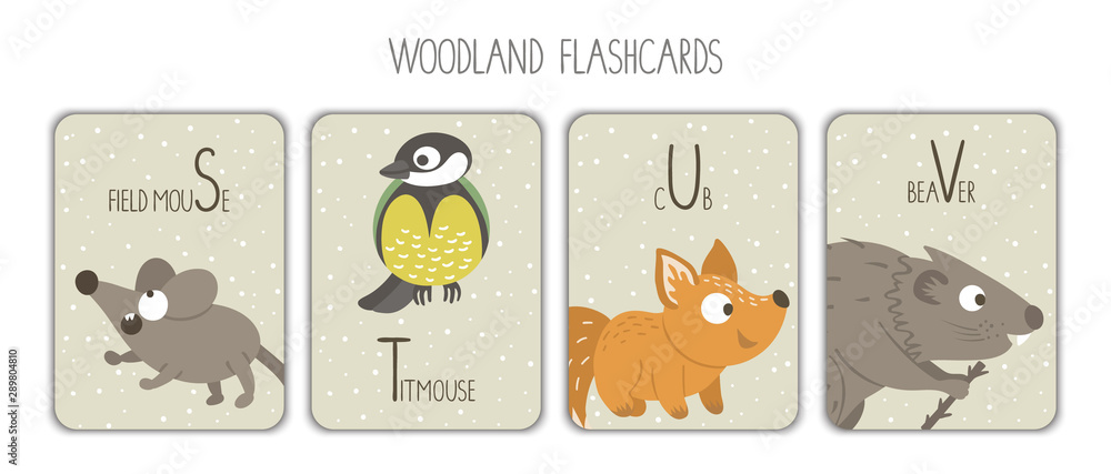 Colorful alphabet letters S, T, U, V. Phonics flashcard. Cute woodland ...