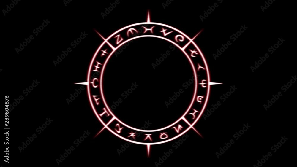 White occult circle with mystical symbols with blinking and distorting ...