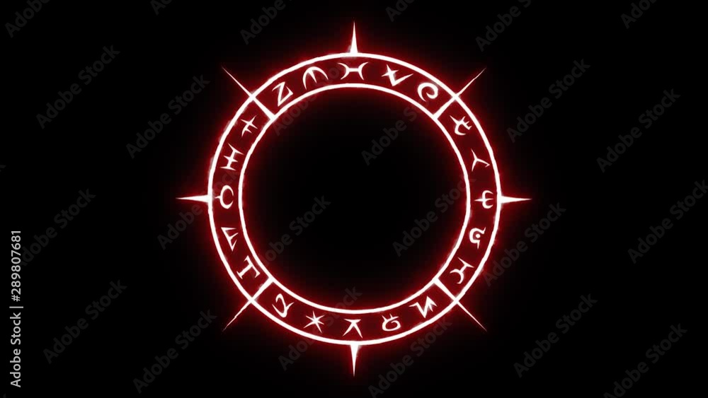 White occult circle with mystical symbols with burning red glow in ...
