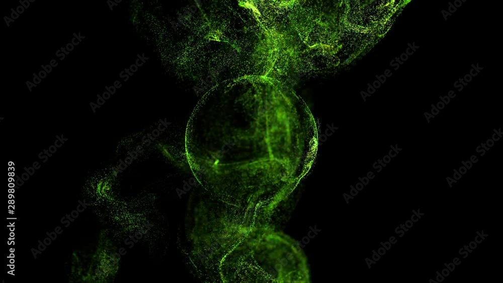 4k glow green particles move in liquid flow and stumble upon a force ...