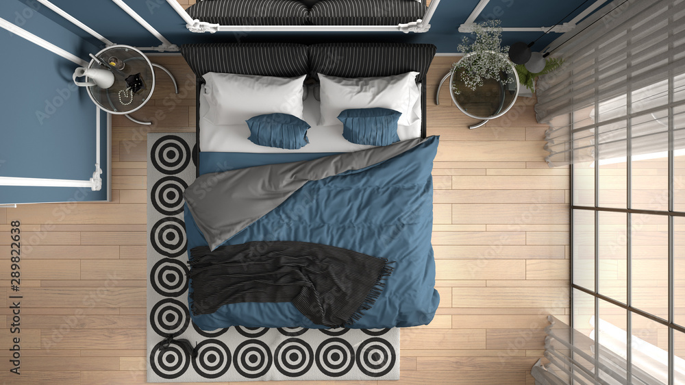 Modern blue colored bedroom in classic room with wall moldings, parquet ...