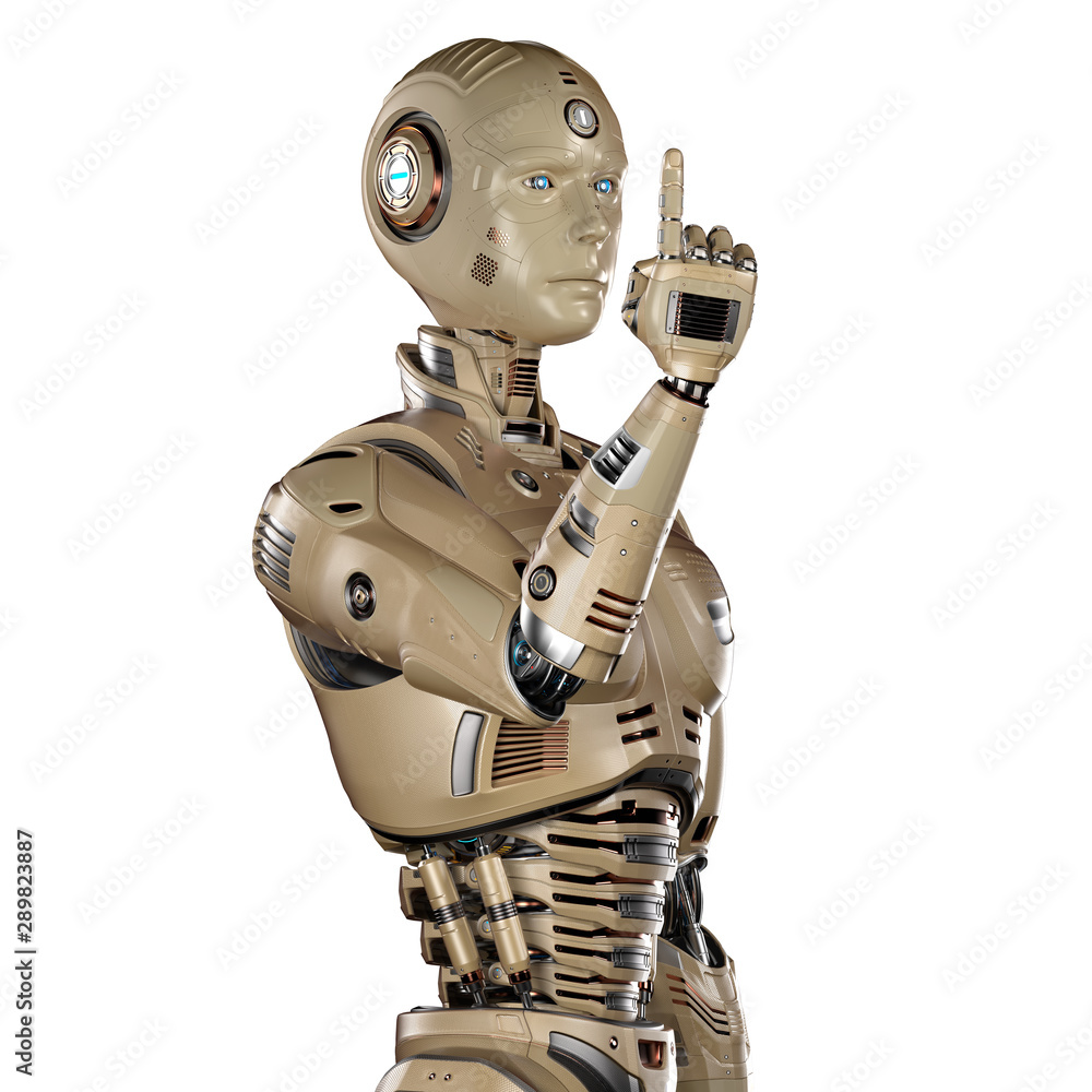 Detailed futuristic cyborg or humanoid man showing his finger or ...