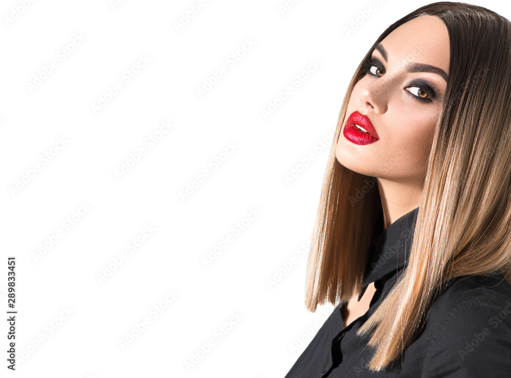 Trendy fashion hairstyle, haircut, ombre dyed hair. Beauty Model girl ...