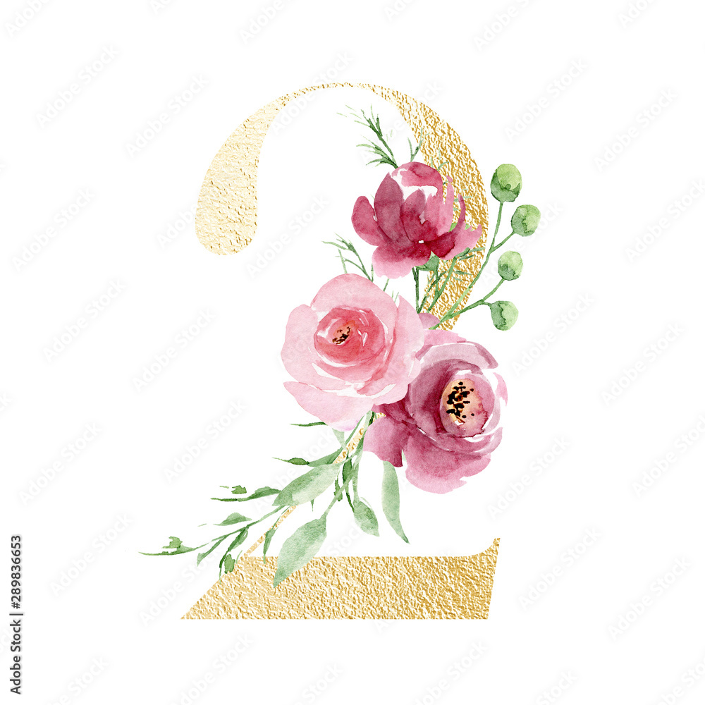 Number 2 gold color with watercolor flowers and leaf. Perfectly for ...