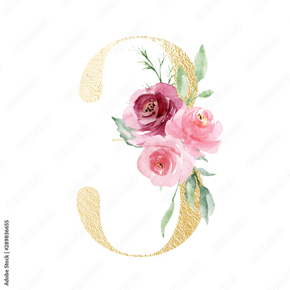 Number 3 gold color with watercolor flowers and leaf. Perfectly for ...