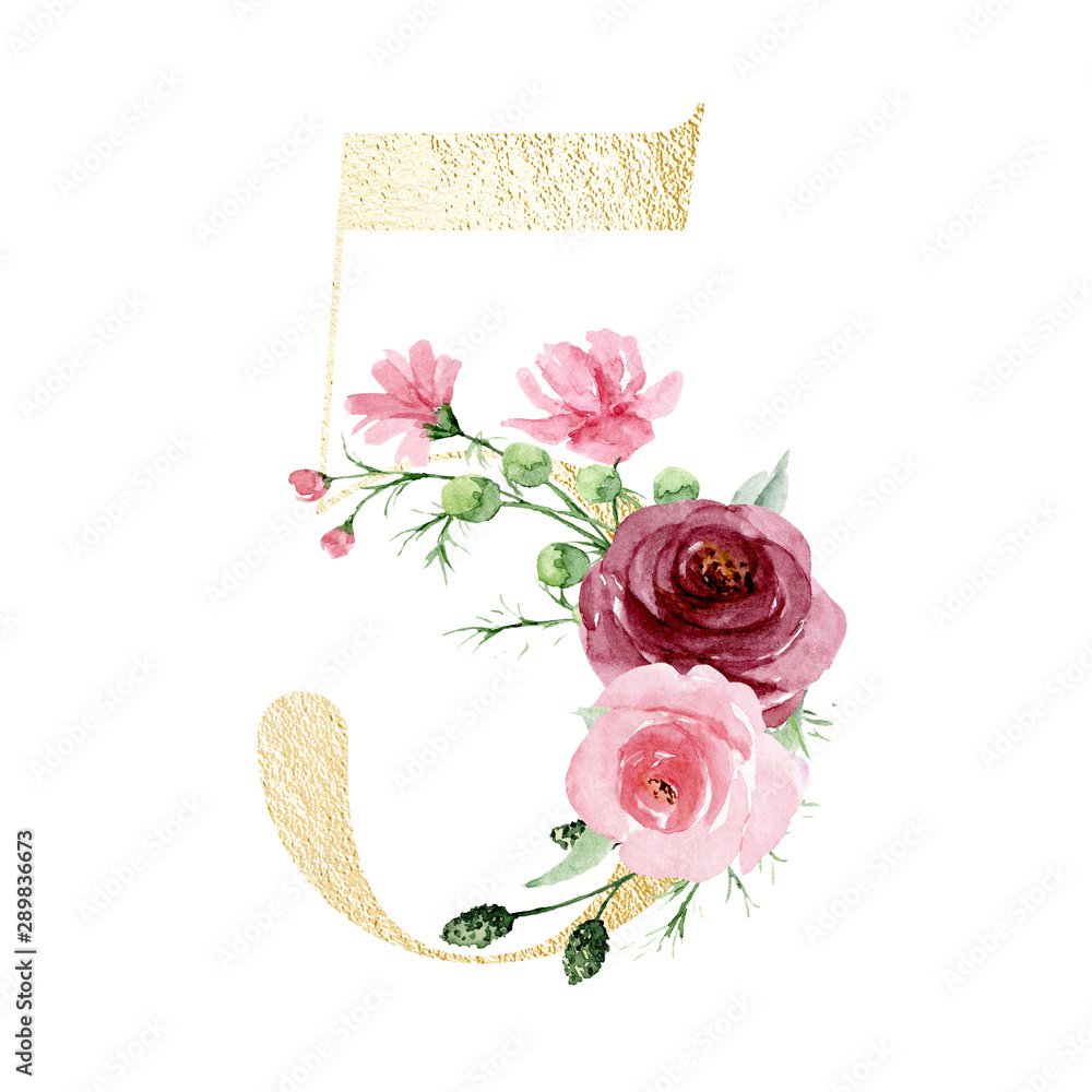 Number 5 gold color with watercolor flowers and leaf. Perfectly for ...