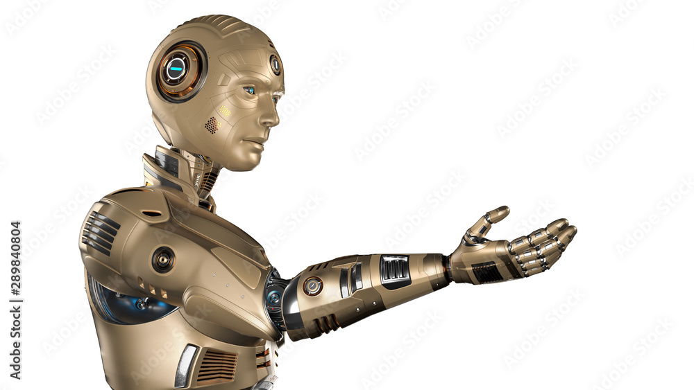 Futuristic android or robot man offering a helping hand or asking for ...