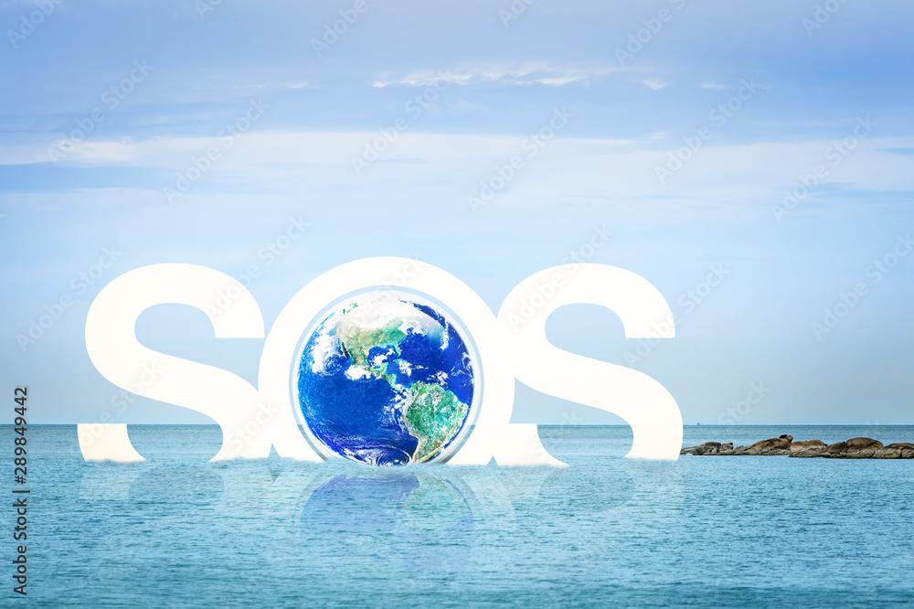 save the world concept, white emergency sos code letters with the earth ...