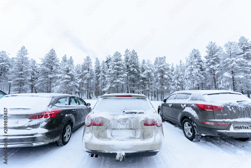 Editorial: Kuusamon City, Finland, 27th December 2018. Car park at ...