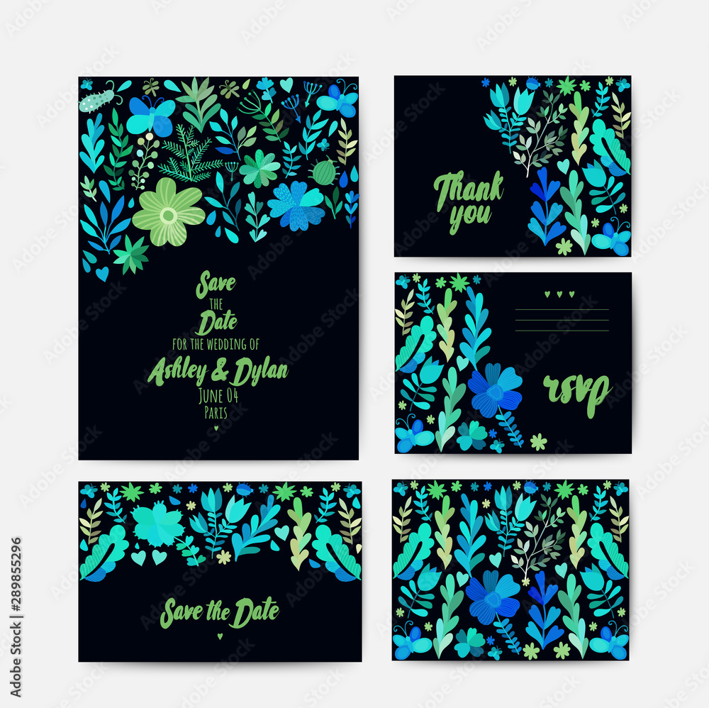 Hand painted wedding greeting cards set with folk ethnic flowers ...