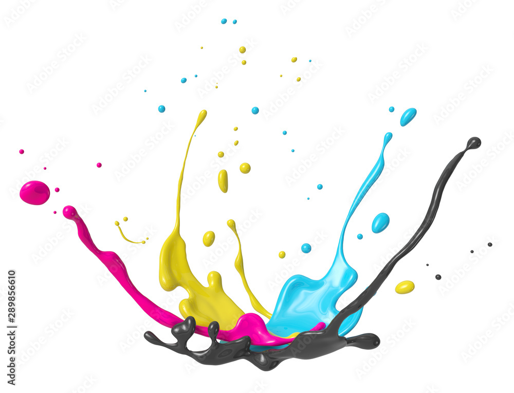 CMYK Color paint splash isolated on white background, 3d rendering ...